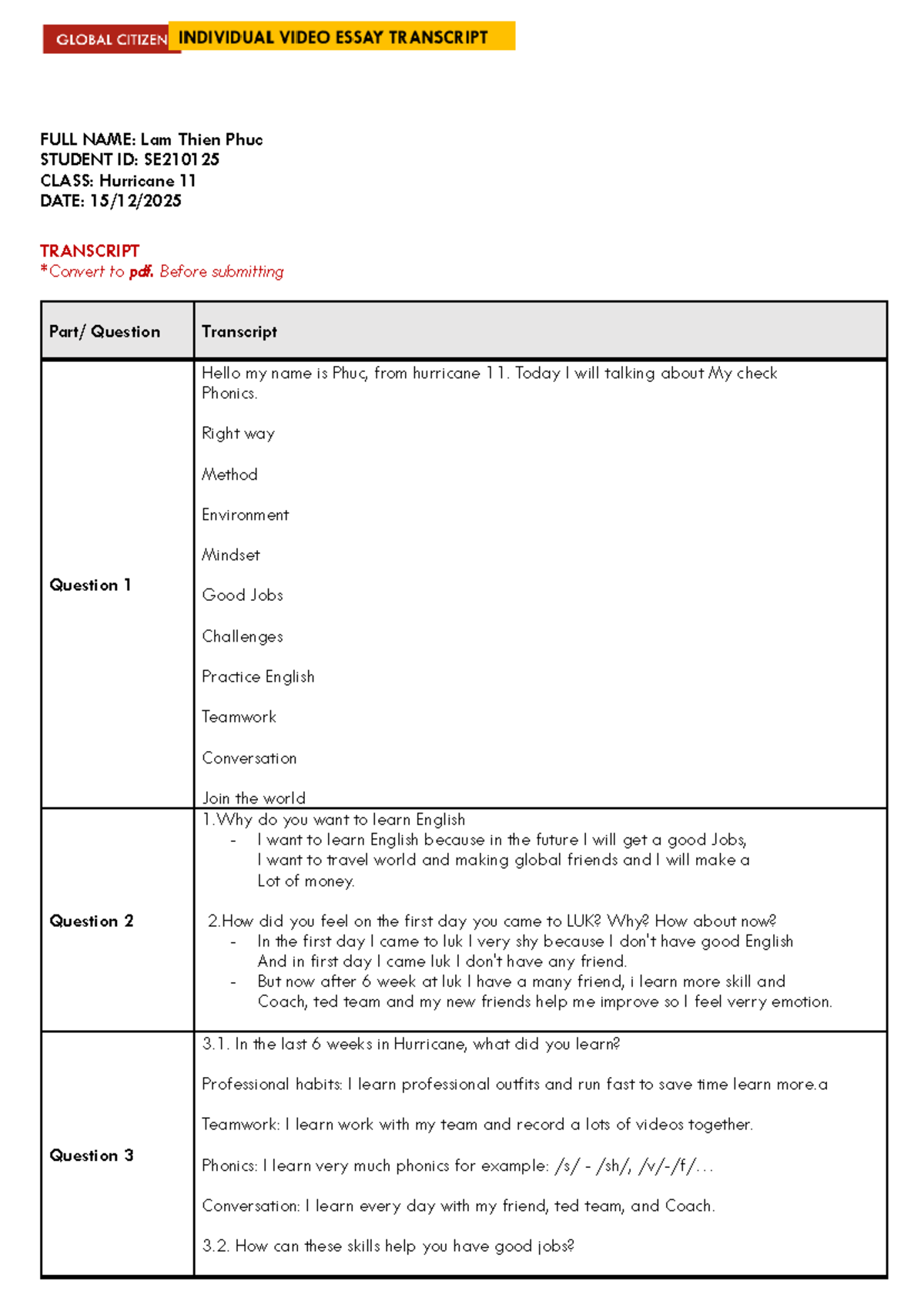 Hurricane 11: My English Learning Journey Transcript - Studocu