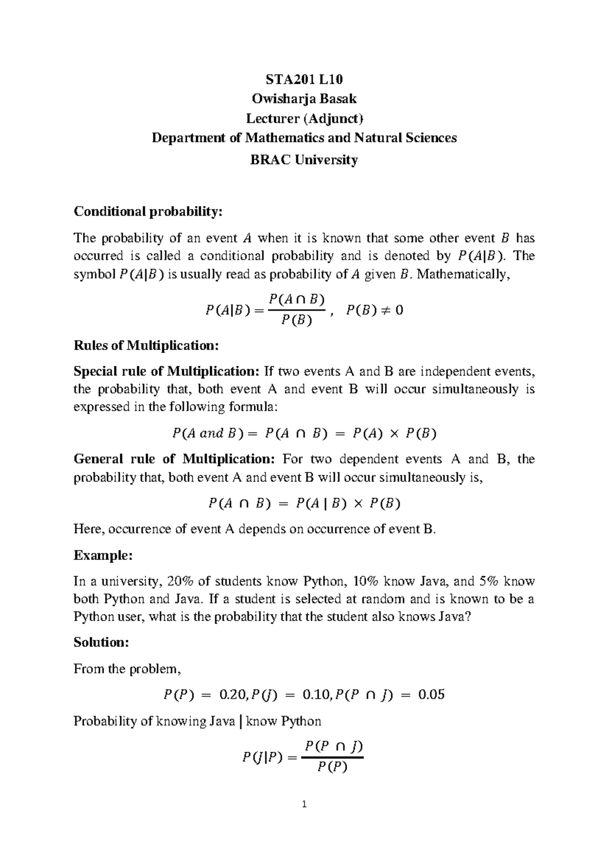 STA201 L10 - Conditional Probability Lecture Notes - Studocu