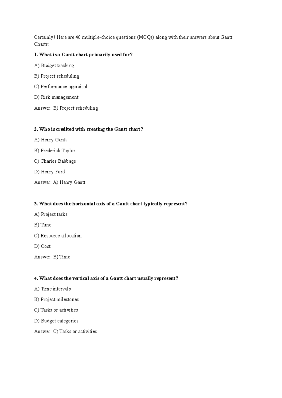 MCQ Questions & Answers on Gantt Charts for Project Management (PM101 ...