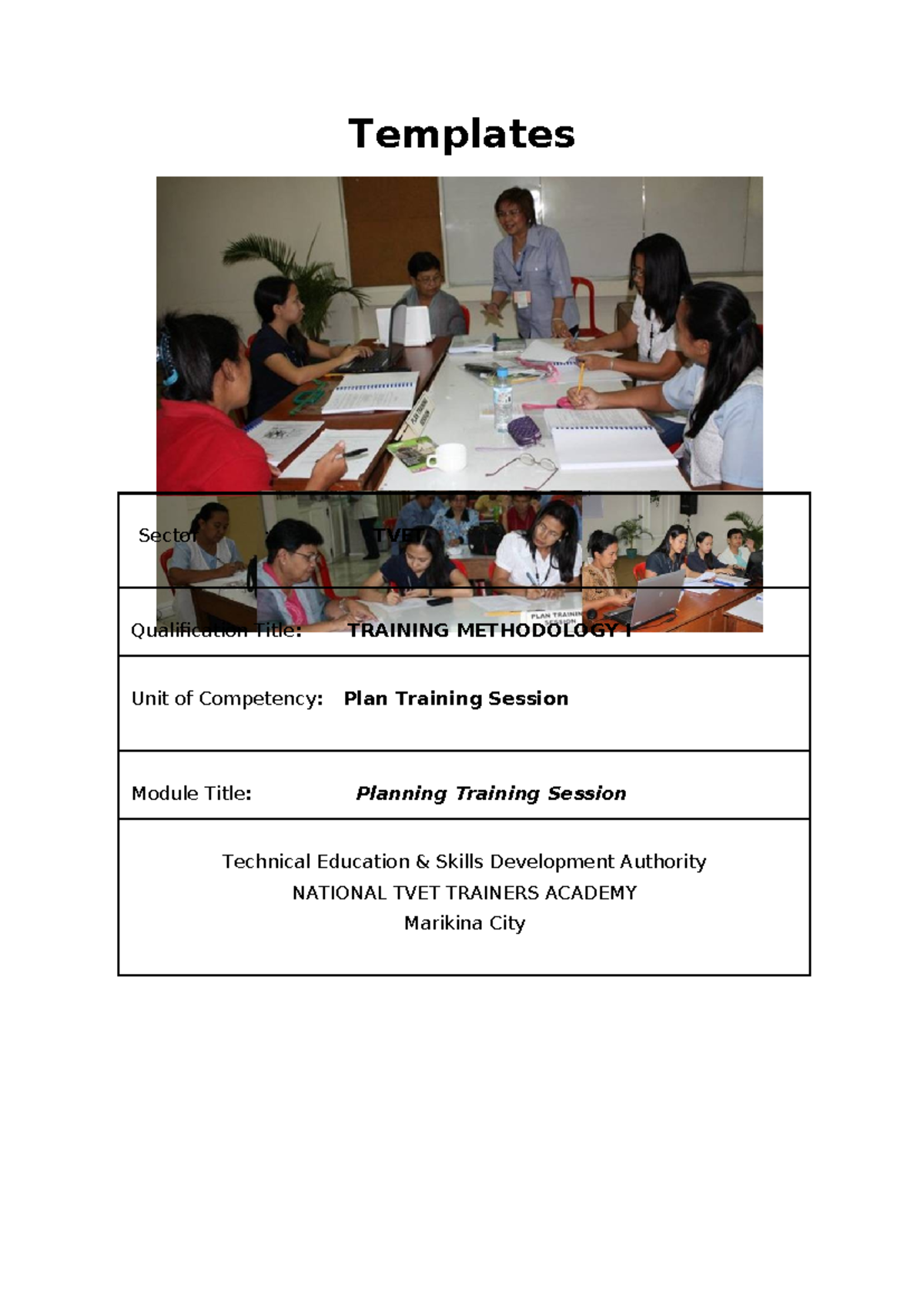 TM-1: Planning Training Session Templates for Trainers Methodology I ...