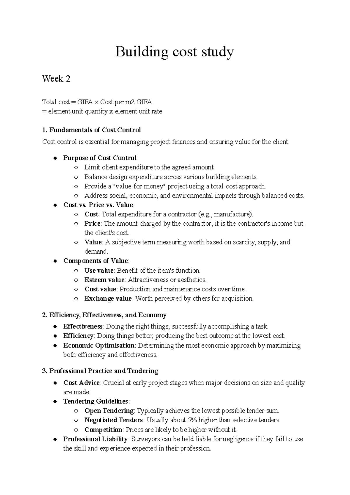 Building Cost Study: Week 2-5 Overview and Key Concepts - Studocu