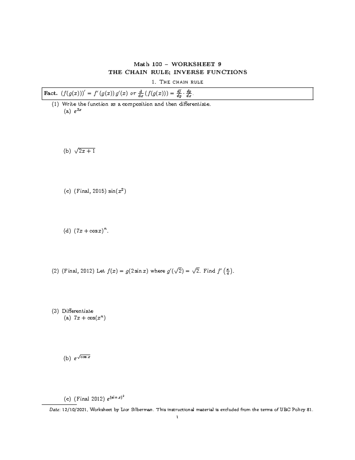 09 Chain Rule worksheet - Math 100 – WORKSHEET 9 THE CHAIN RULE ...