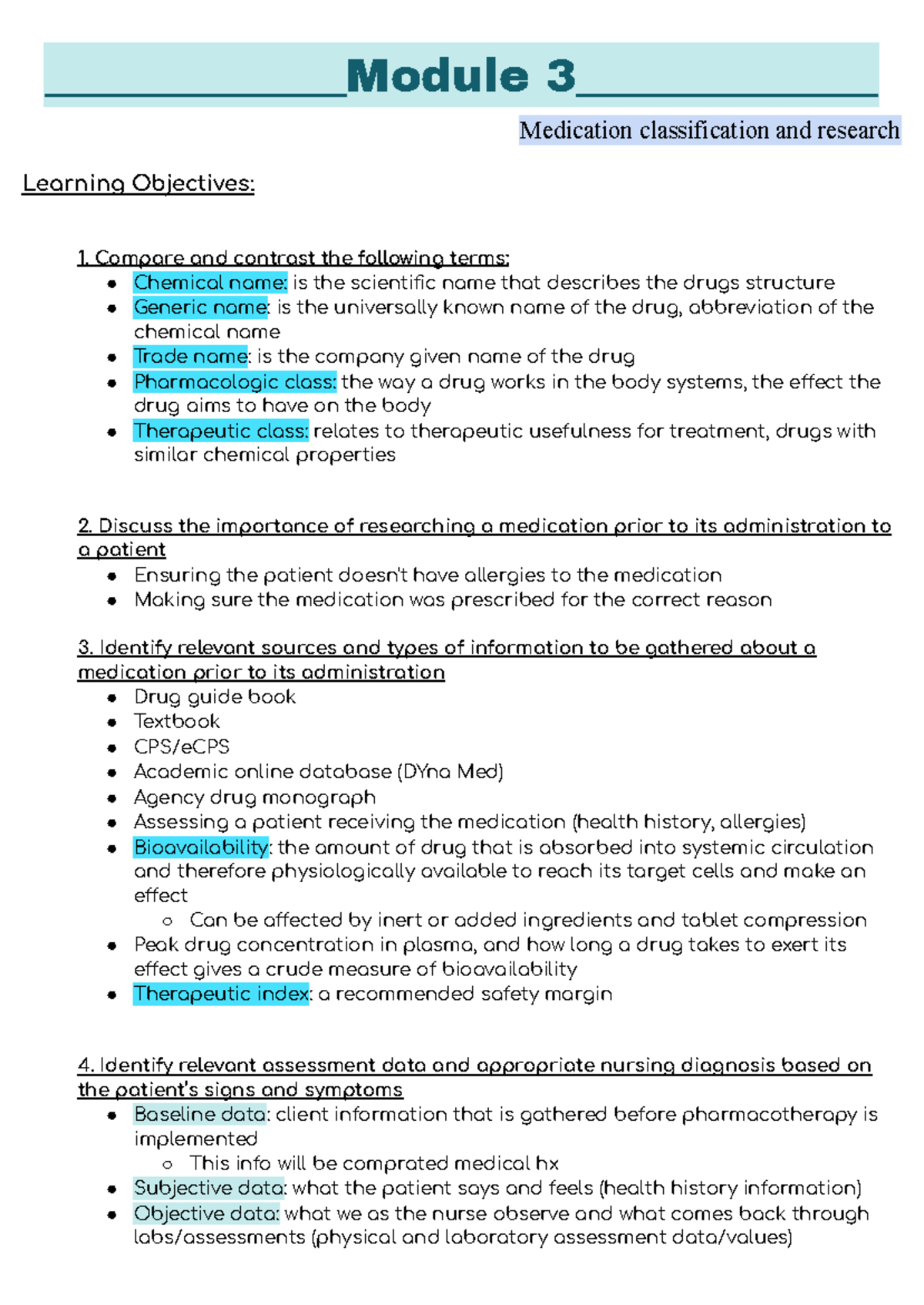 Module 3 - Notes (NURS1102) - Module 3 Medication classification and ...