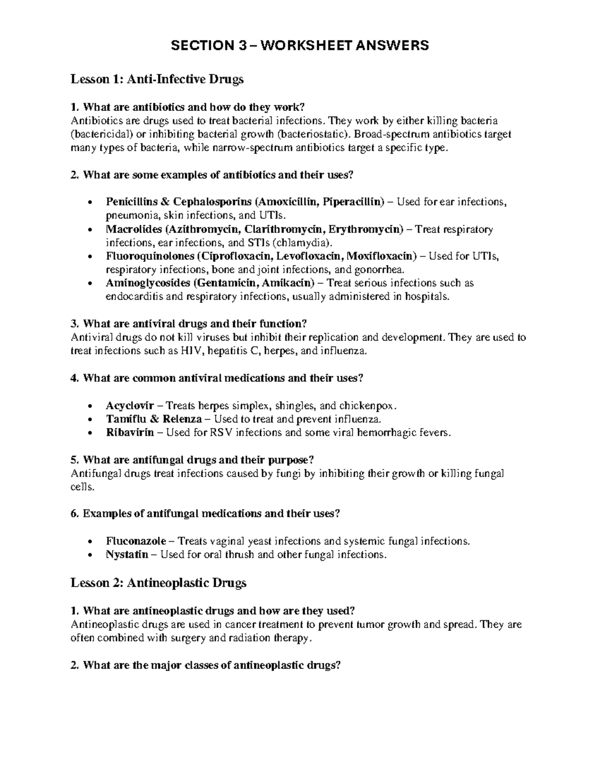 Section 3 – Worksheet Answers: Anti-Infective & Antineoplastic Drugs ...