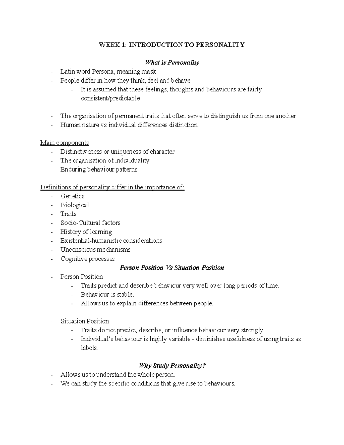 PSY303 WEEK 1 Introduction TO Personality Notes - WEEK 1: INTRODUCTION ...