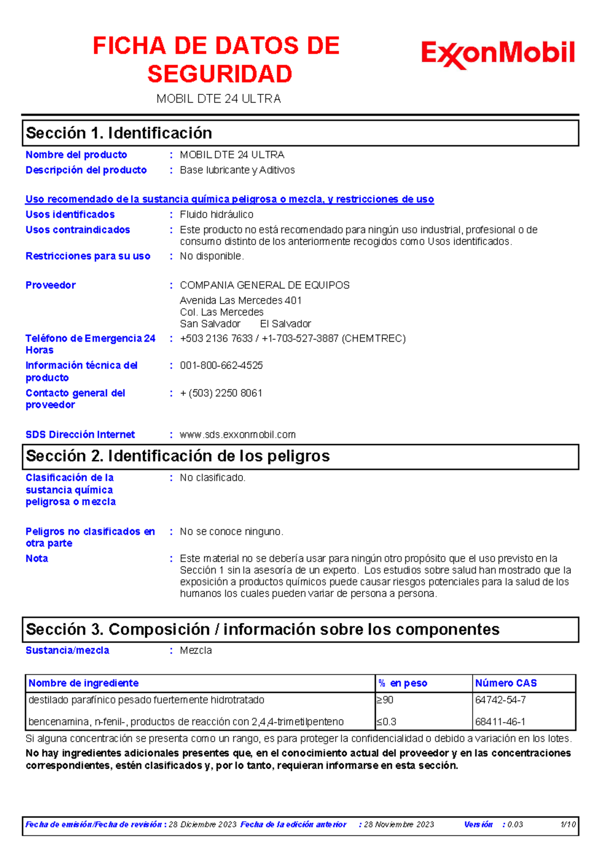 Ficha de Datos de Seguridad: Mobil DTE 24 Ultra - HDS Aceite Industrial - Studocu