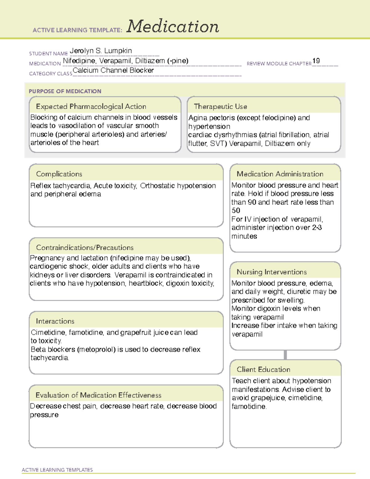 ATI Learning Template: Calcium Channel Blockers and Nursing ...