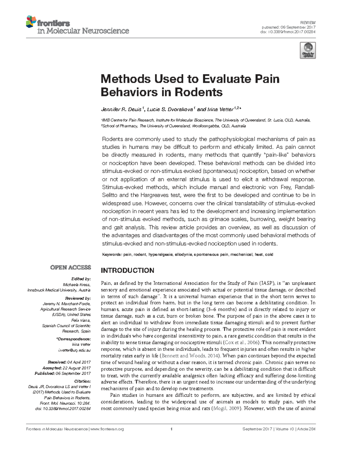Methods for Evaluating Pain Behaviors in Rodents: A Comprehensive ...