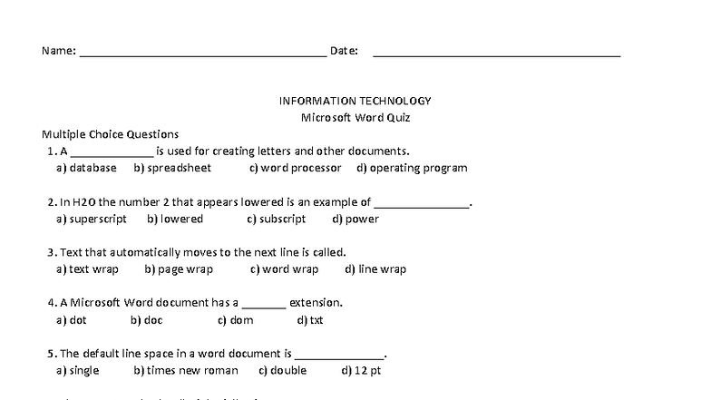 IT 101: Microsoft Word Quiz - Multiple Choice Questions - Studocu