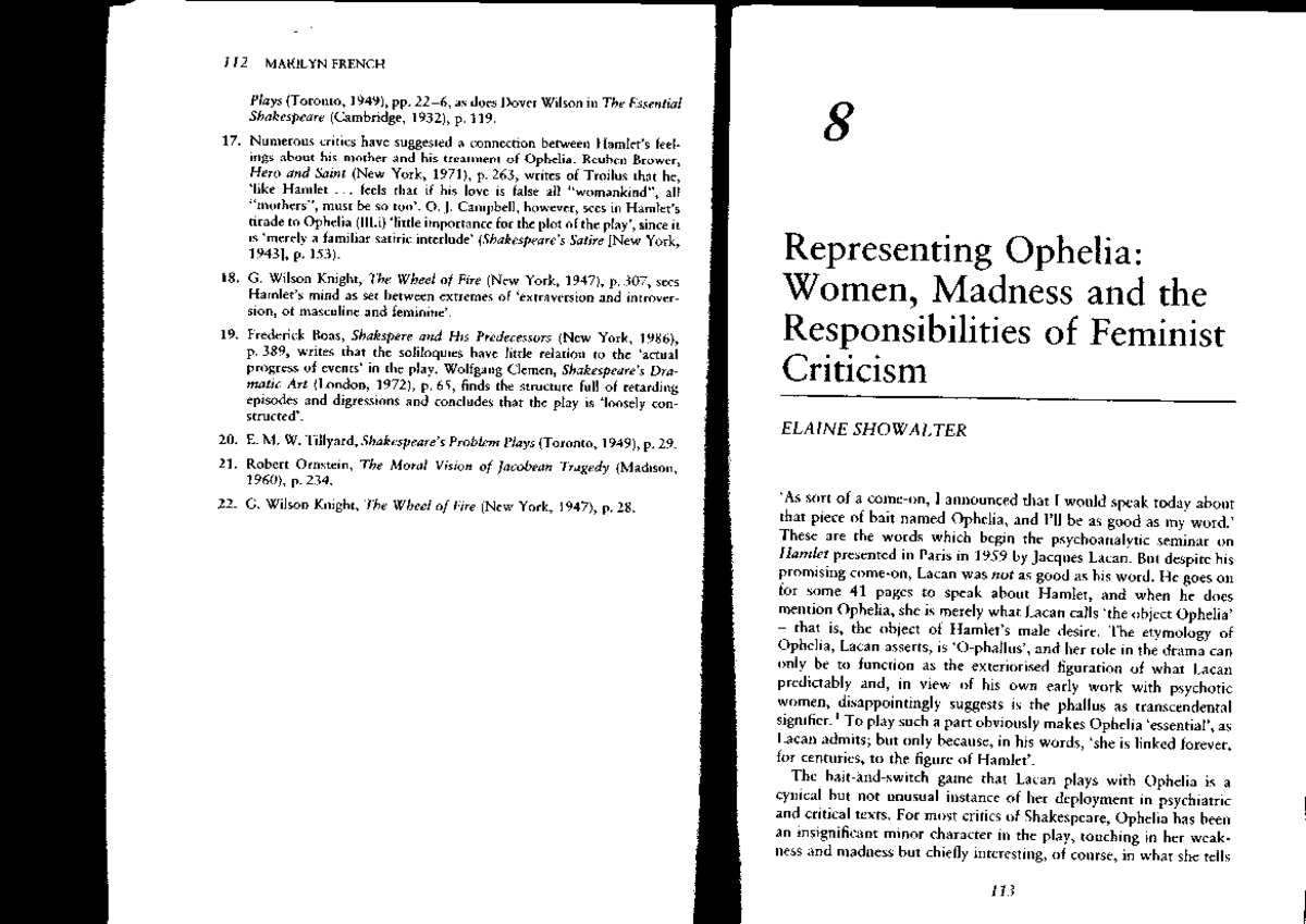 Hamlet Chapter 8: Representing Ophelia - Elaine Showalter Analysis ...