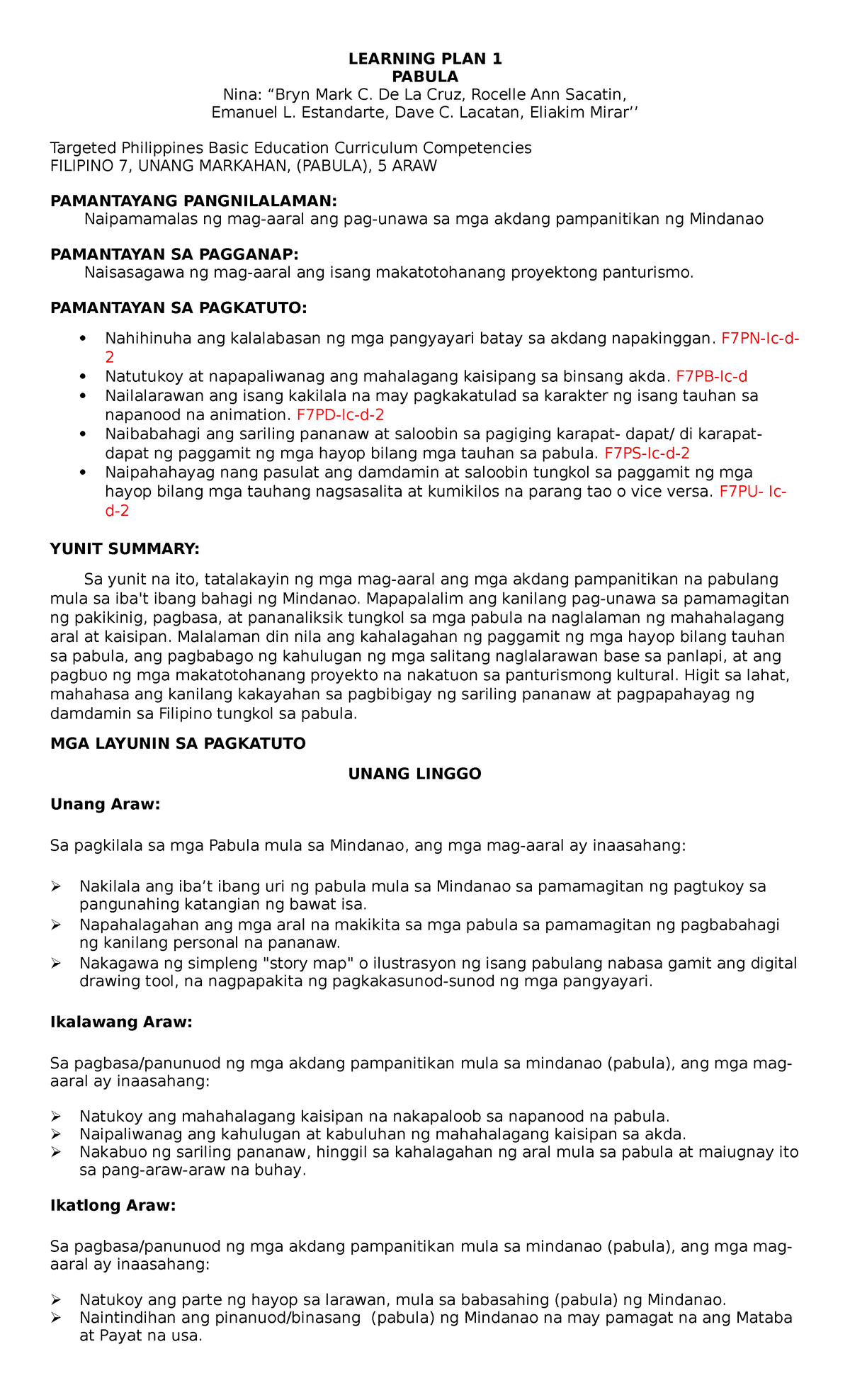 FLT 202: Learning Plan on Pabula for Filipino 7 - Unang Markahan - Studocu