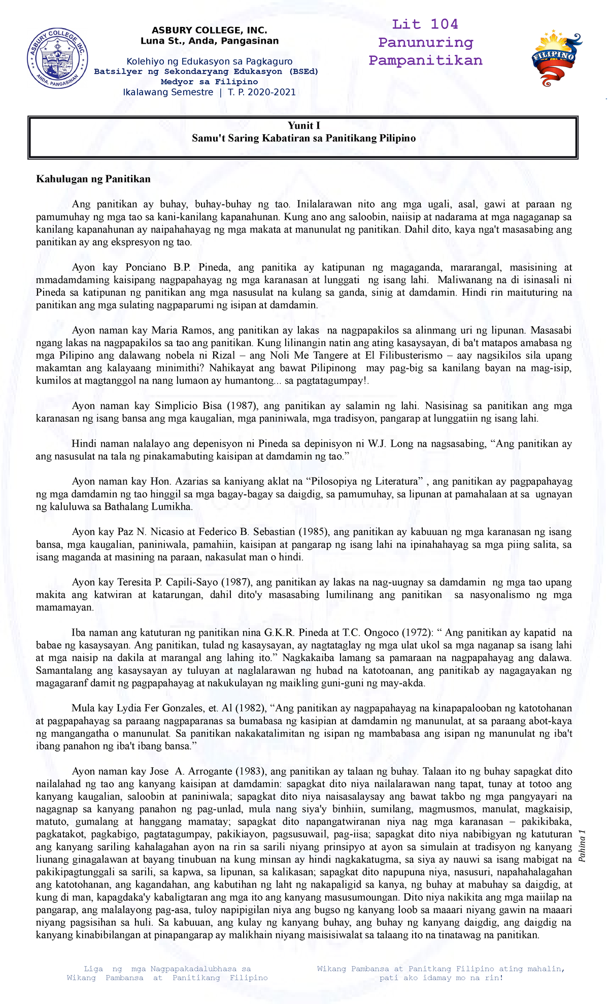PP - Samut- Saring- Kabatiran-SA- Panitikang- Pilipino - ASBURY COLLEGE, INC. Luna St., Anda ...