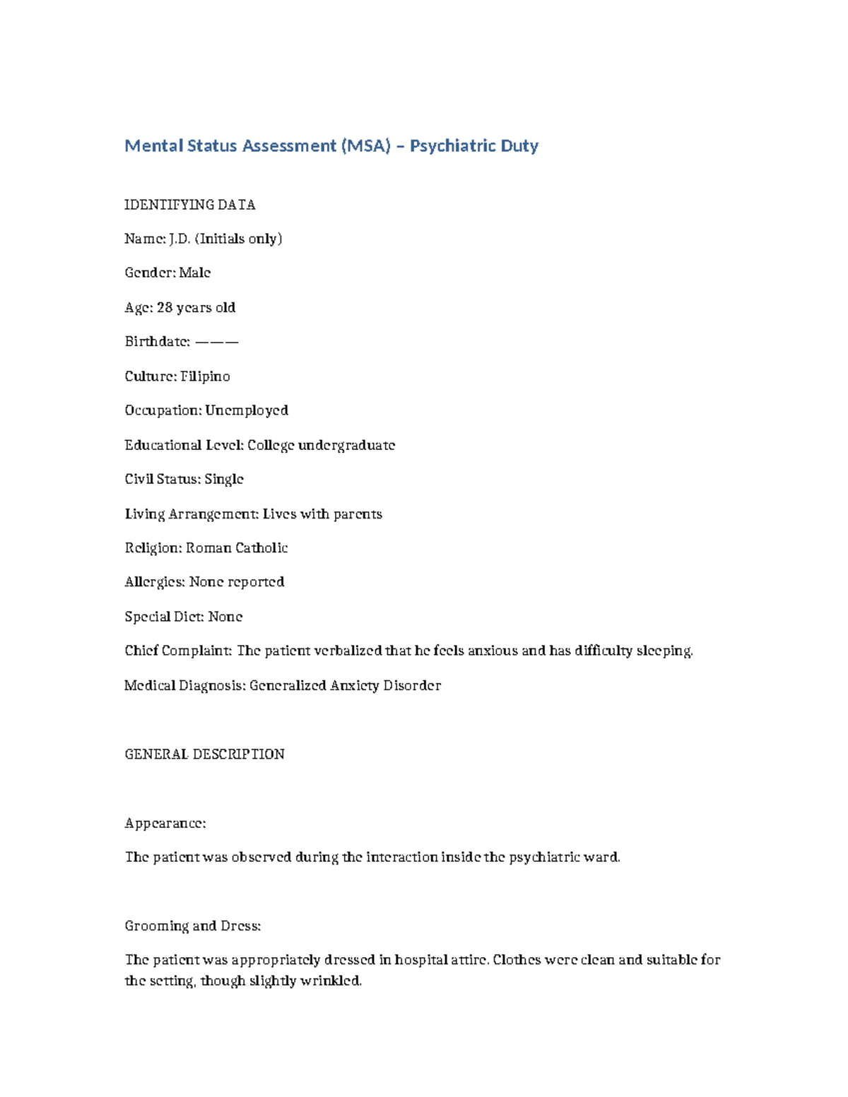 Humanized MSA: Psychiatric Duty Assessment of J.D. - Studocu