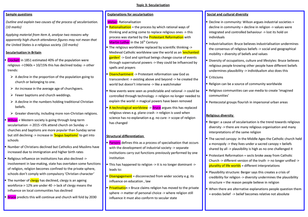 Secularisation: Summary Notes & Exam Questions (SOC101) - Studocu