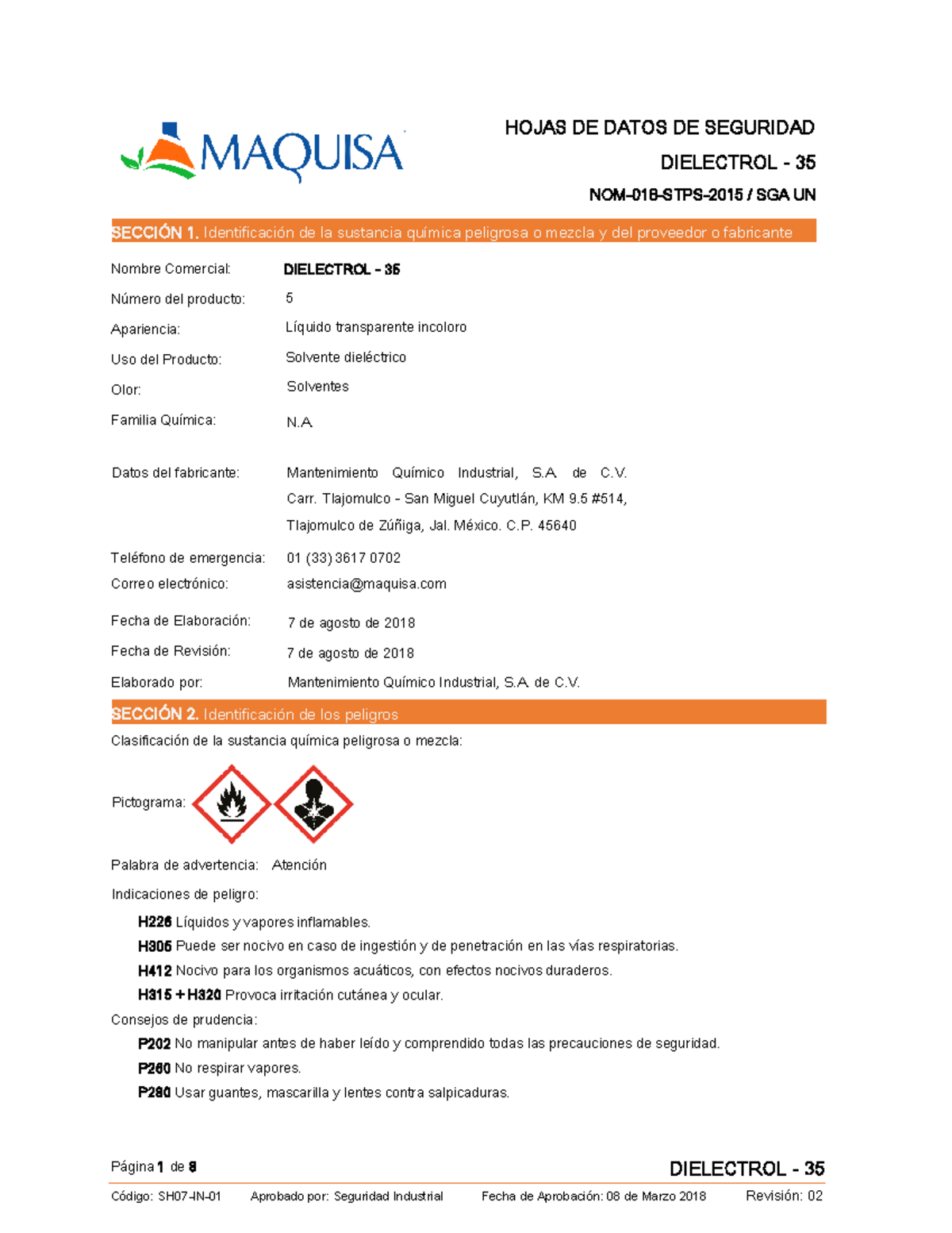 Dielectrol-35 HDS - Hoja de Datos de Seguridad y Peligros - Studocu