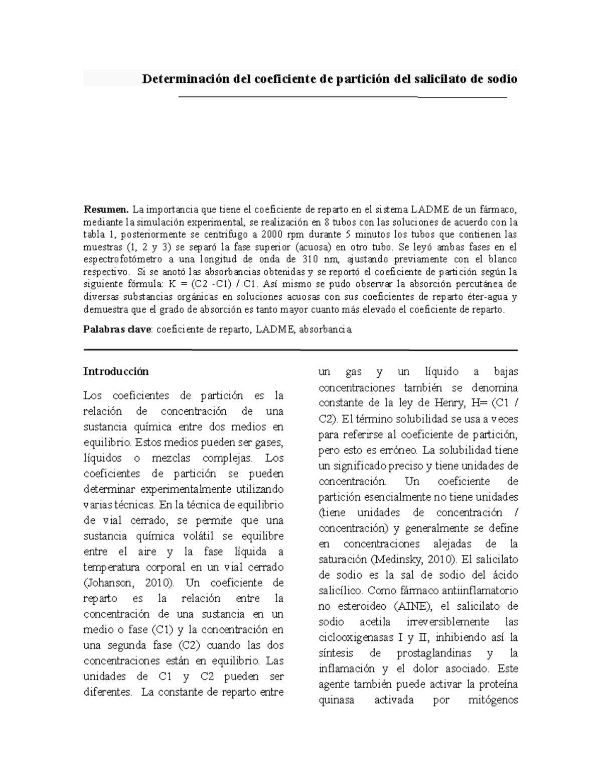 Determinación del Coeficiente de Partición del Salicilato de Sodio ...