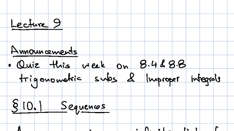 Lecture 9: Trigonometric Sequences & Improper Integrals Quiz - Studocu