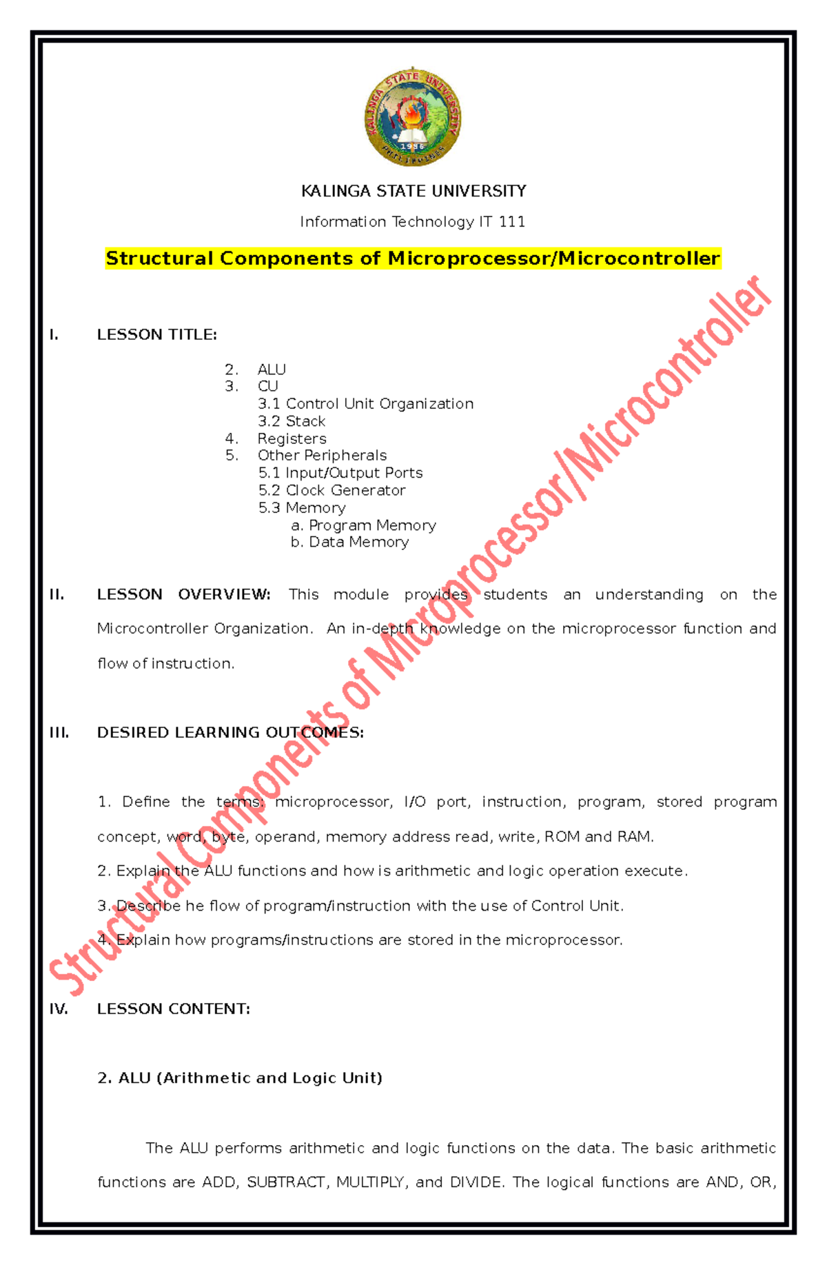 Structural Components of Microprocessor Microcontroller - LESSON TITLE: 2. ALU CU3 Control Unit ...