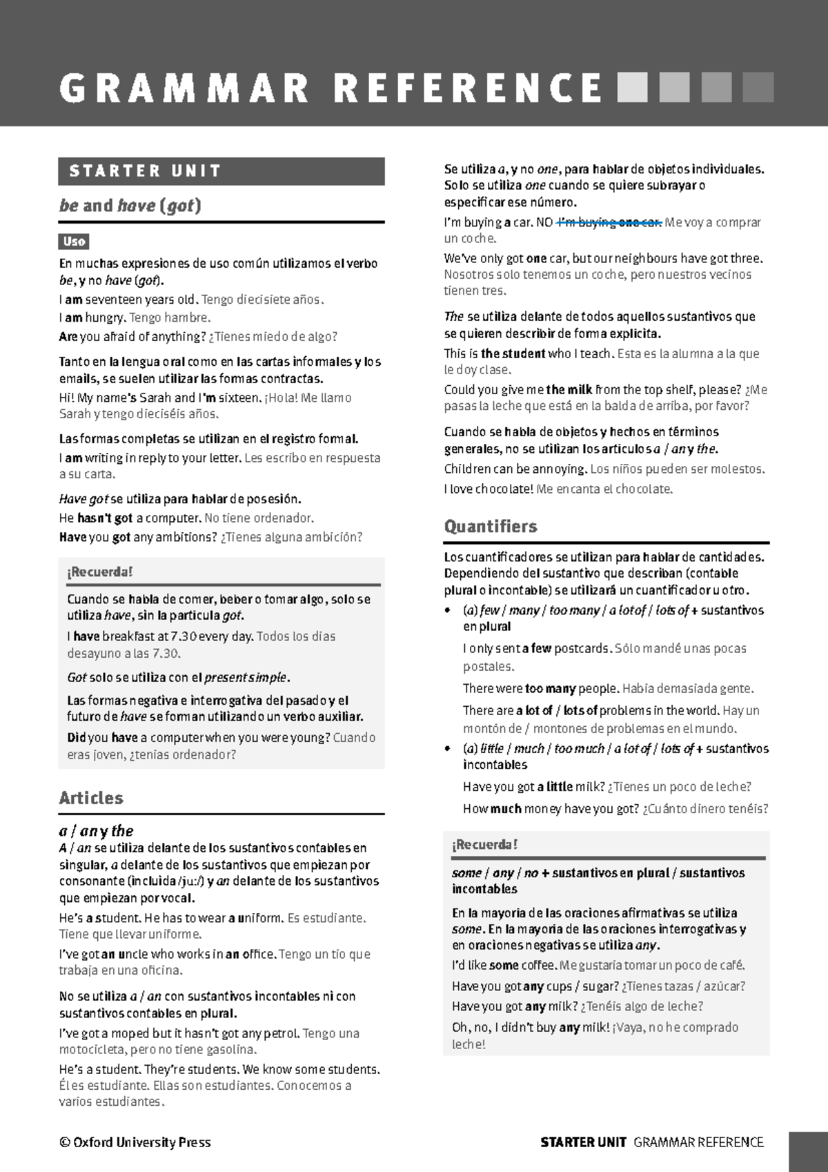 GRAMMAR REFERENCE STARTER UNIT: Be and Have (Got) Usage Summary - Studocu