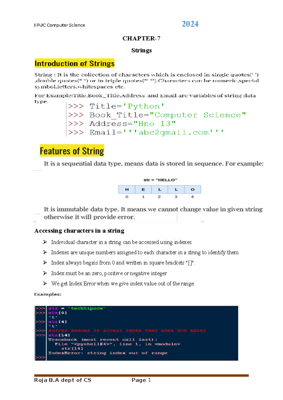 2024 I PUC CS Chapter on Strings: Accessing & Manipulating Characters ...
