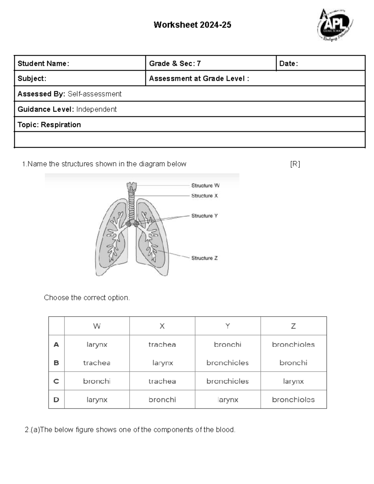Respiration Worksheet for Grade 7 Assessment - Studocu