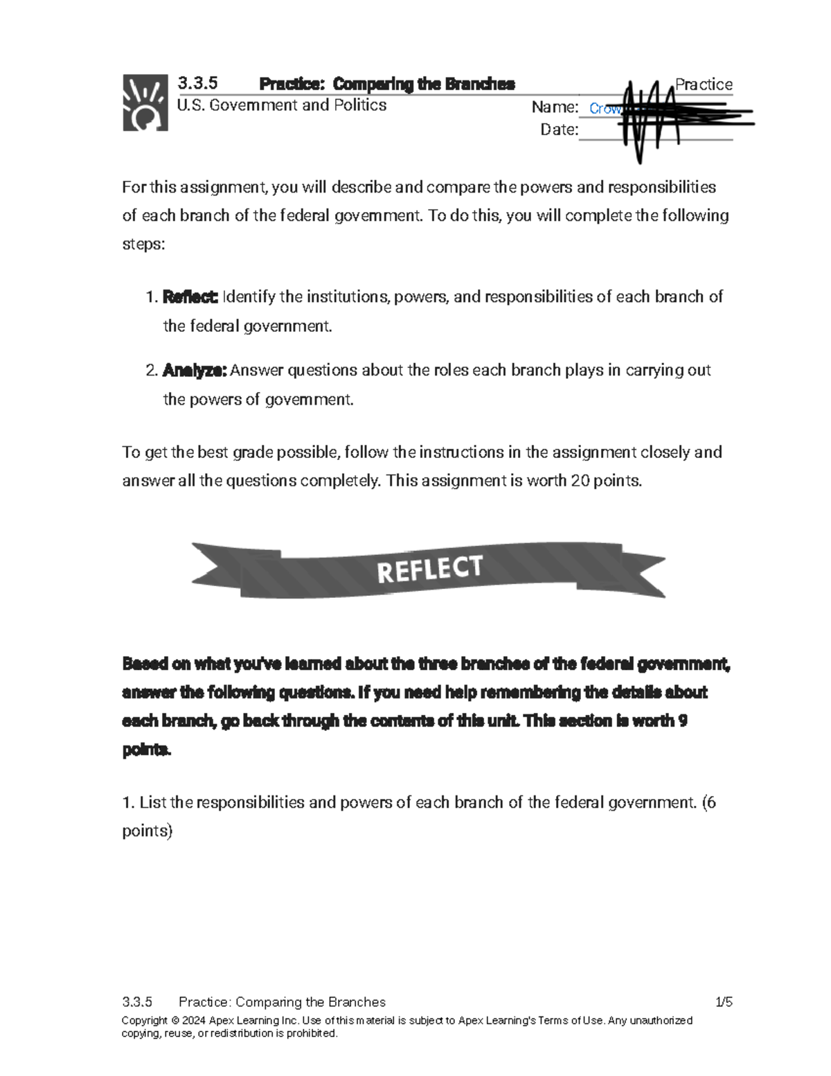 U. Gov & Politics 3.3.5 Practice: Comparing the Branches Assignment ...