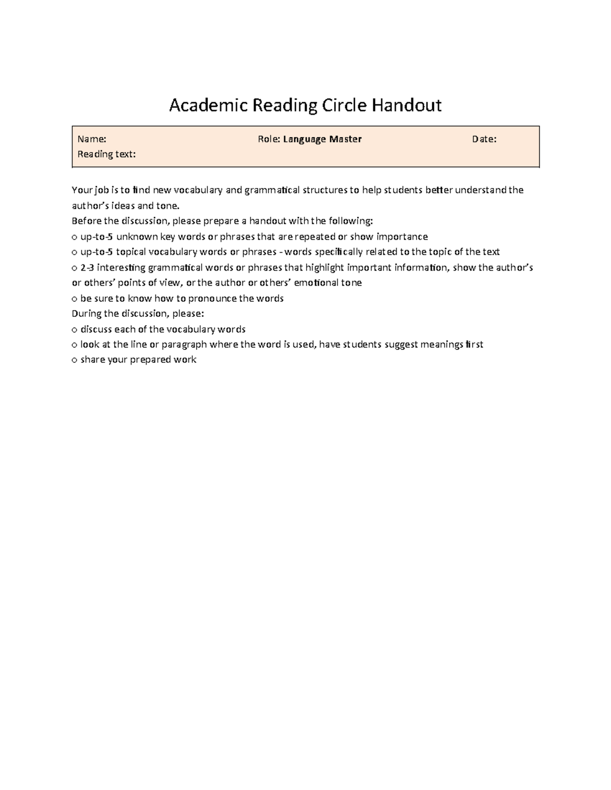 ARC Handout: Vocabulary & Grammar for Reading Circle - Studocu