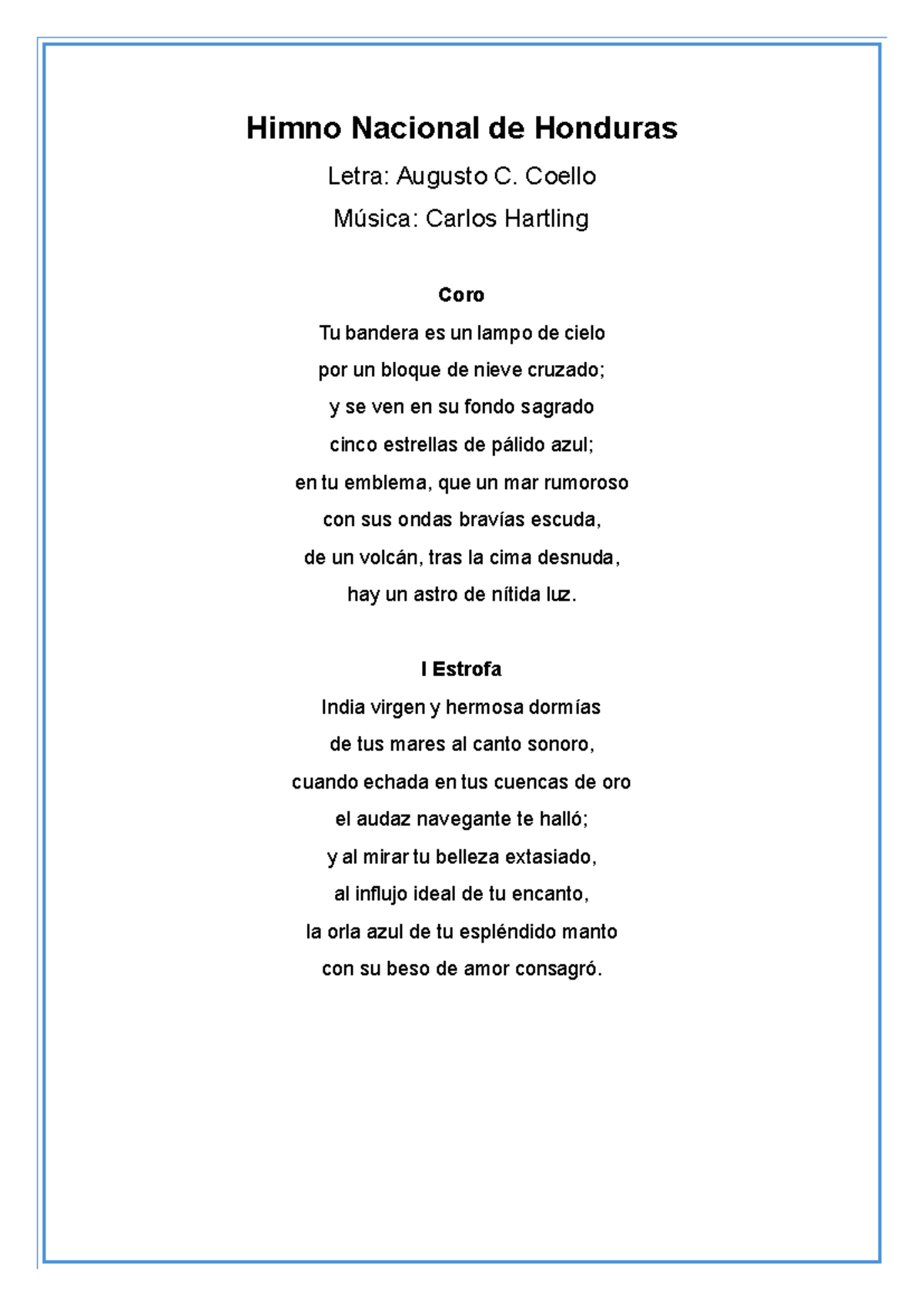 Himno Nacional de Honduras - Letra Completa y Análisis - Studocu