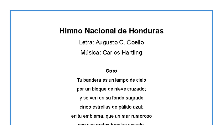 Himno Nacional de Honduras - Letra Completa y Análisis - Studocu