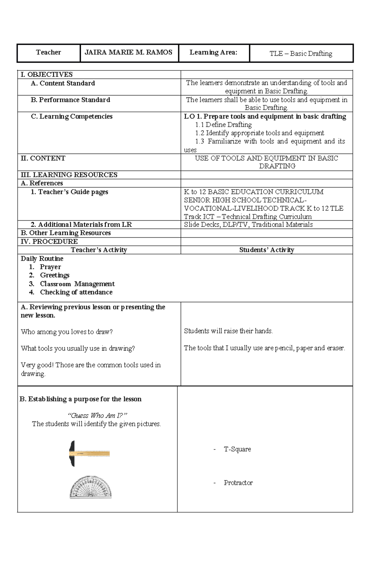 TLE 101: Tools and Equipment in Basic Drafting - Lesson Overview - Studocu
