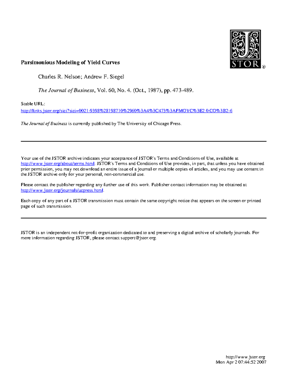 Parsimonious Modeling of Yield Curves: Nelson-Siegel Approach - Studocu