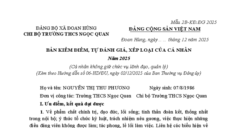 ĐH. Mẫu 2B. BẢN KIỂM ĐIỂM CÁ NHÂN NĂM 2025 K LĐ, QL - Studocu