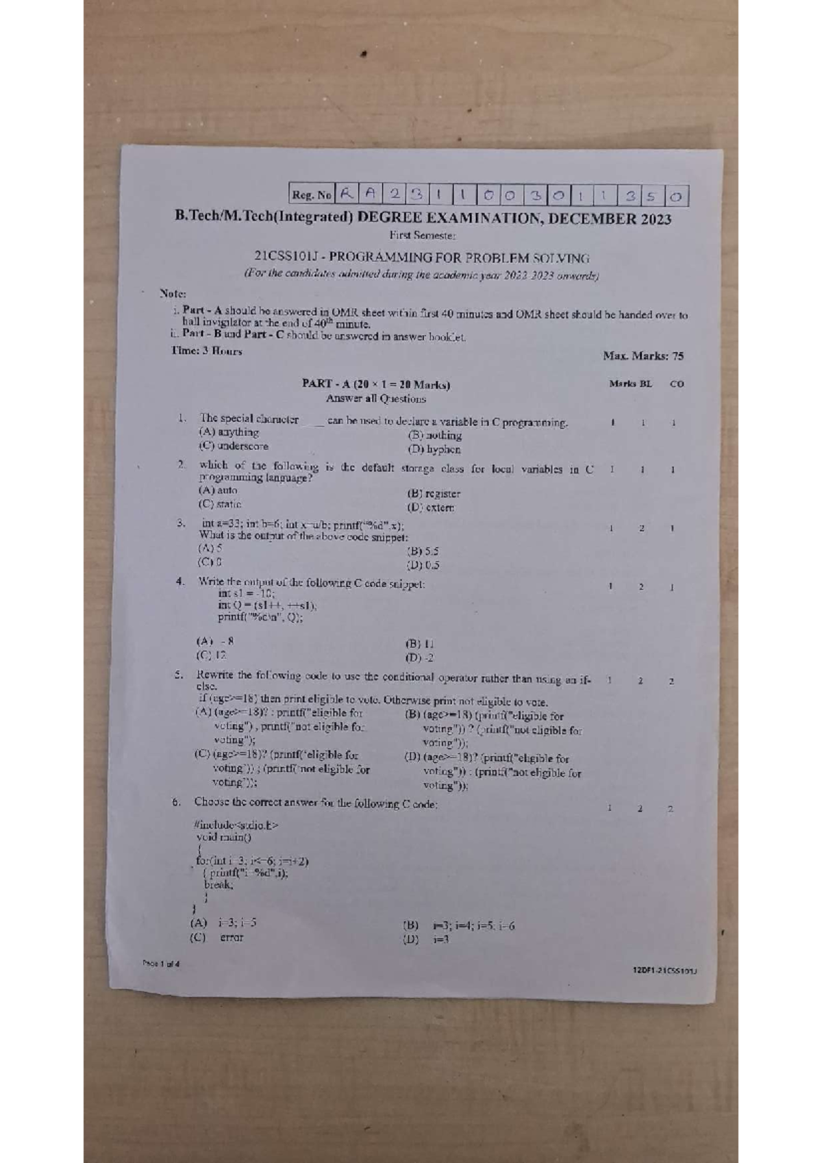 PPS 21CSS101J DEC 2023 - Programming for Problem Solving Question Paper - Studocu