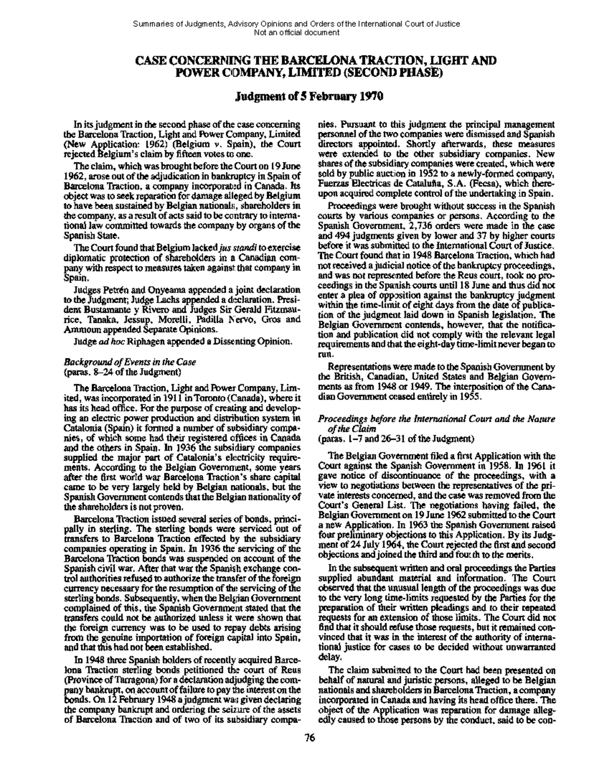 CASE CONCERNING BARCELONA TRACTION: Summary of ICJ Judgment (1970 ...