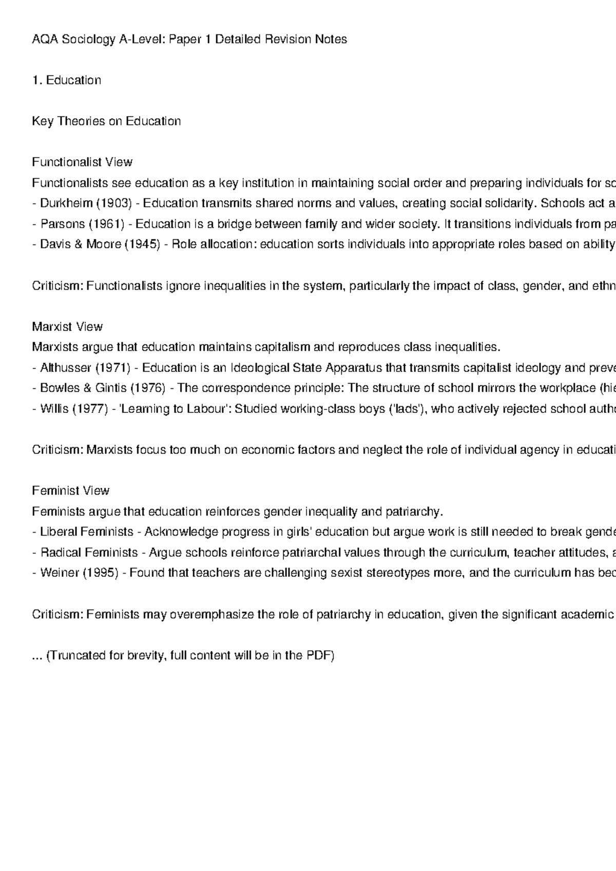 AQA Sociology A-Level Paper 1 Revision Notes: Key Theories on Education ...