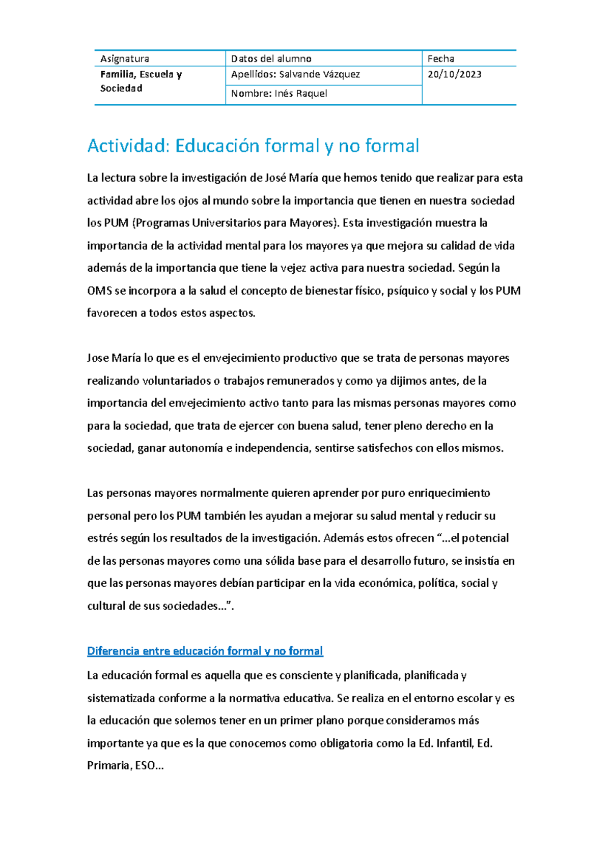 Actividad 1: Educación Formal y No Formal en Familia y Sociedad - Studocu
