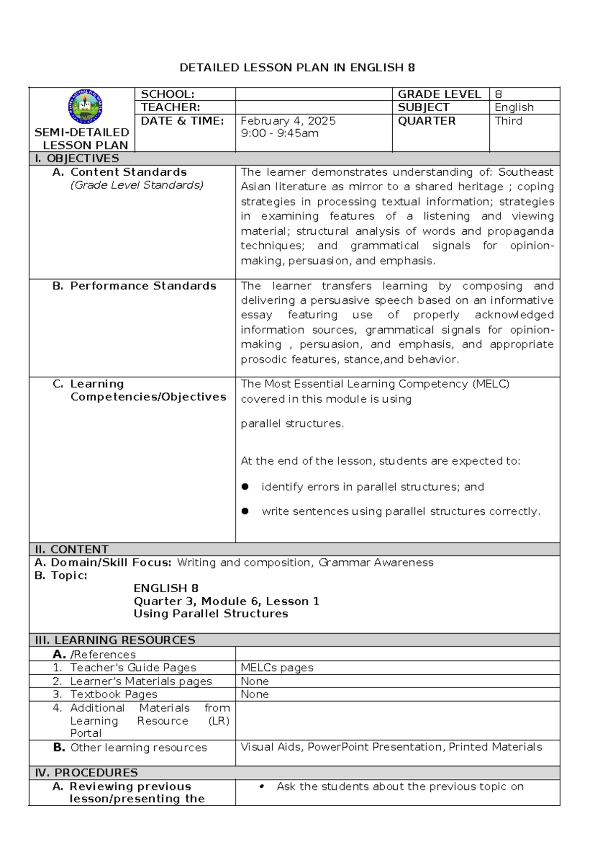 English 8 Detailed Lesson Plan: Mastering Parallel Structures - Studocu