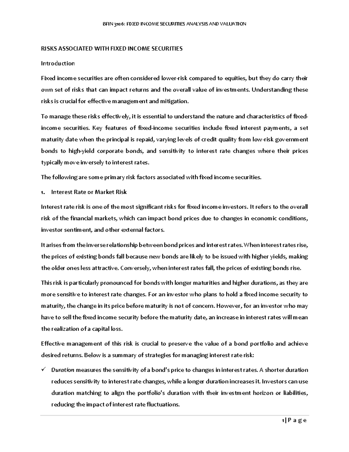 BFIN 3106: Week 3 Notes on Risks in Fixed Income Securities Analysis ...