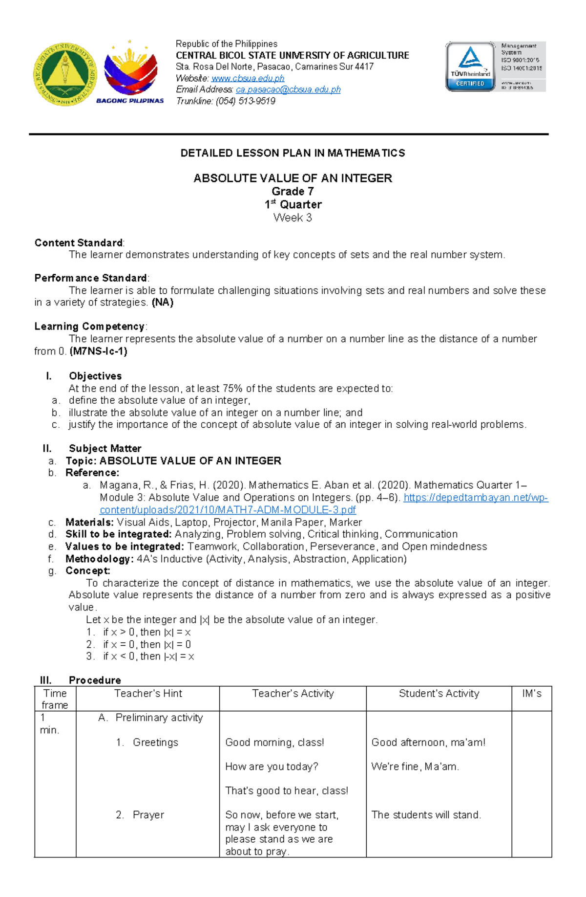 4As Detailed Lesson Plan - Absolute Value of an Integer (Grade 7) - Studocu