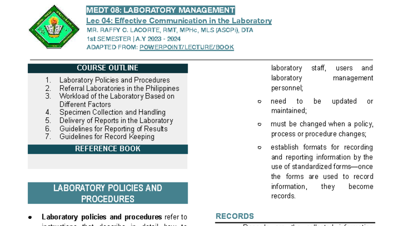 MEDT 08: LABORATORY MANAGEMENT Lec 04: Effective Communication ...