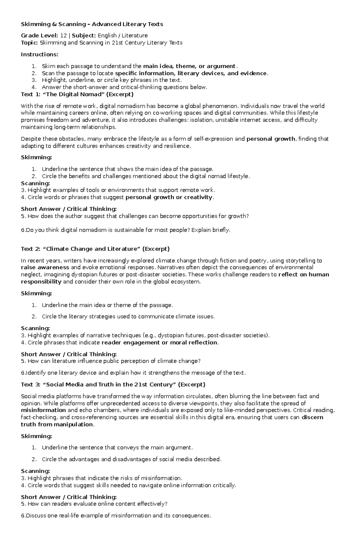 Skimming and Scanning Activity for English Literature (Grade 12) - Studocu