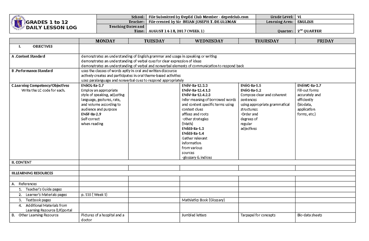 DLL English 6 Q2 W1 - Daily Lesson Log and Activities - Studocu
