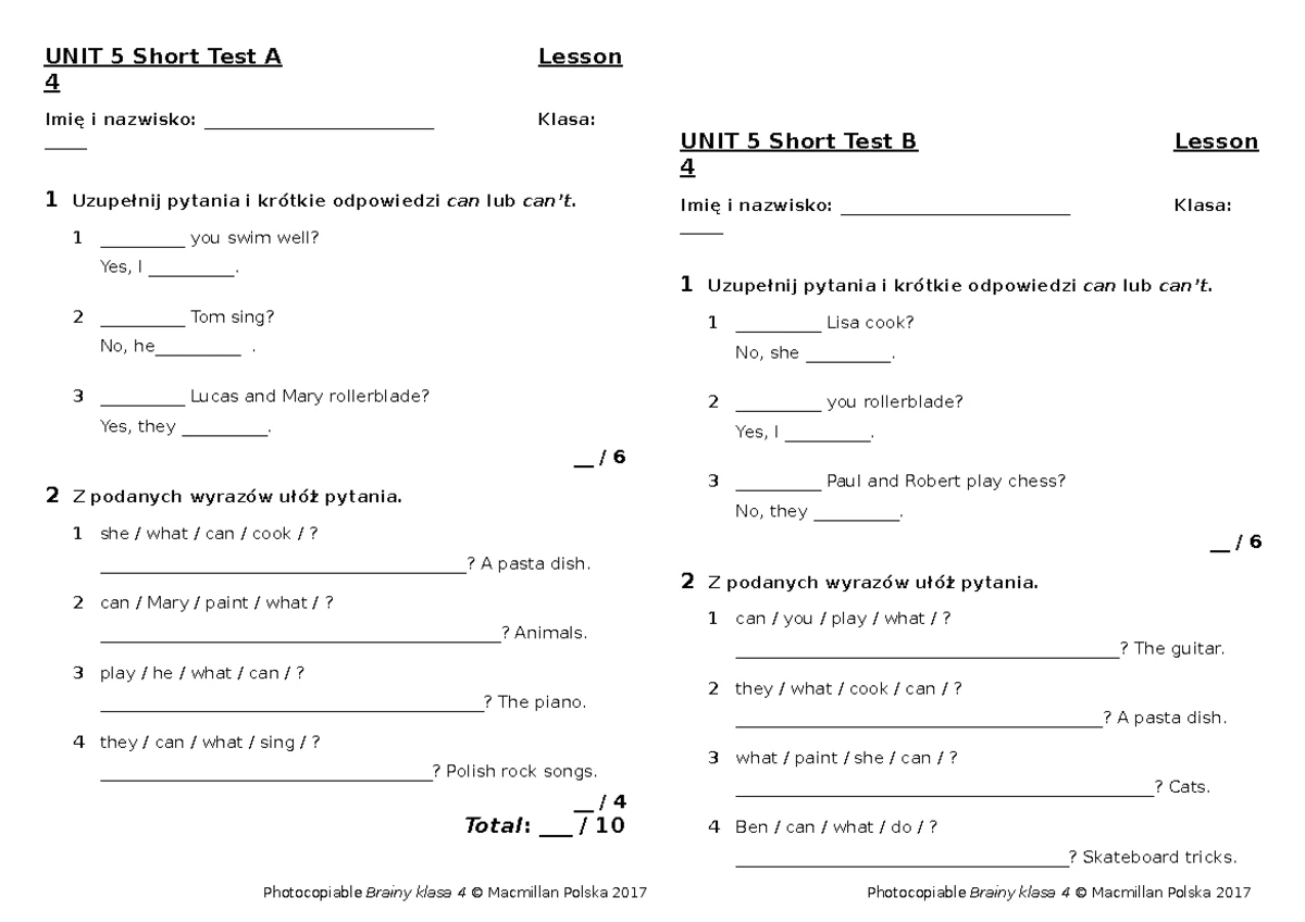 Brainy kl4 Short Tests Unit 5 Lesson 6 - UNIT 5 Short Test A Lesson 6 ...