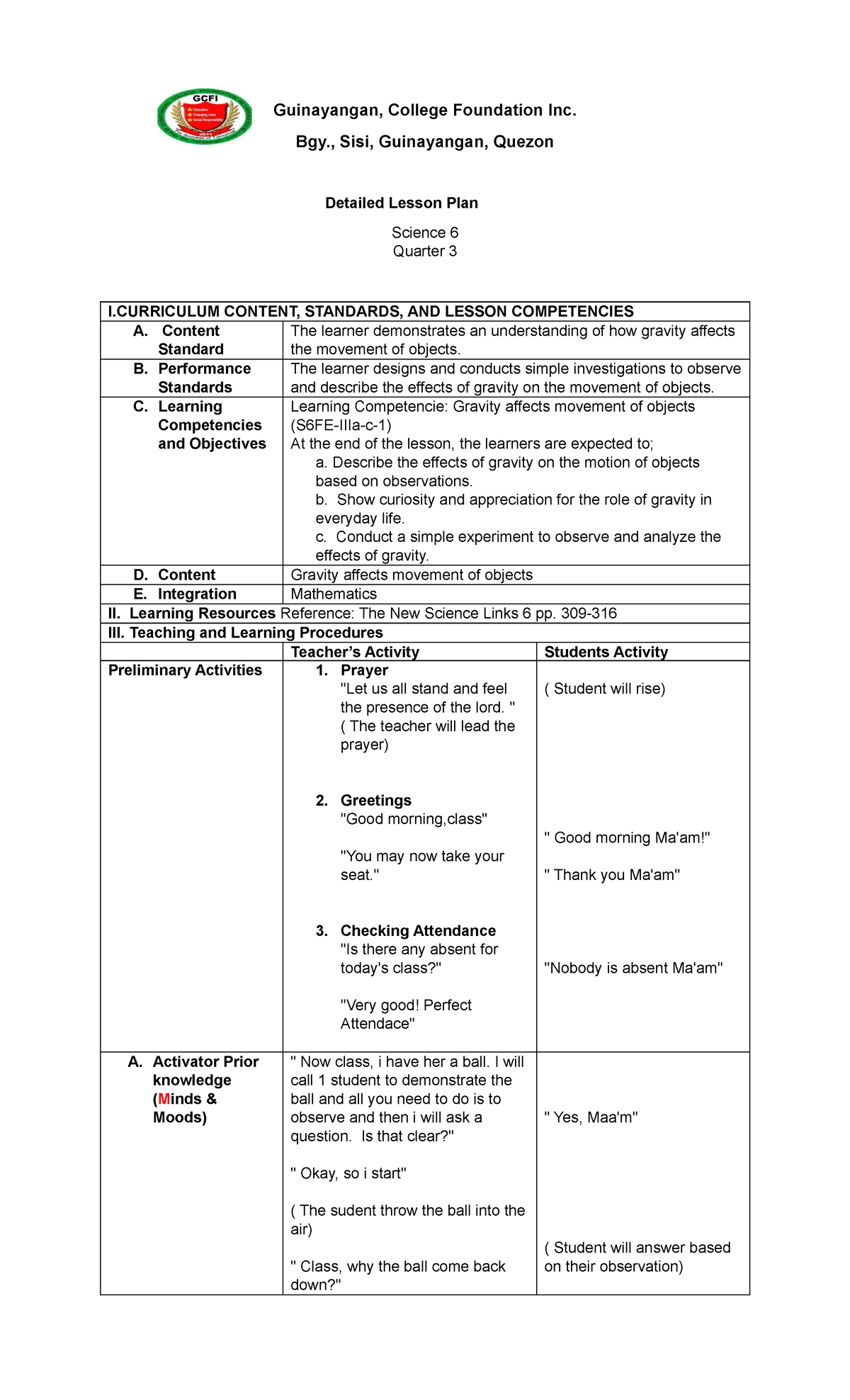 Lp science - Lesson plan - Guinayangan, College Foundation Inc. Bgy ...