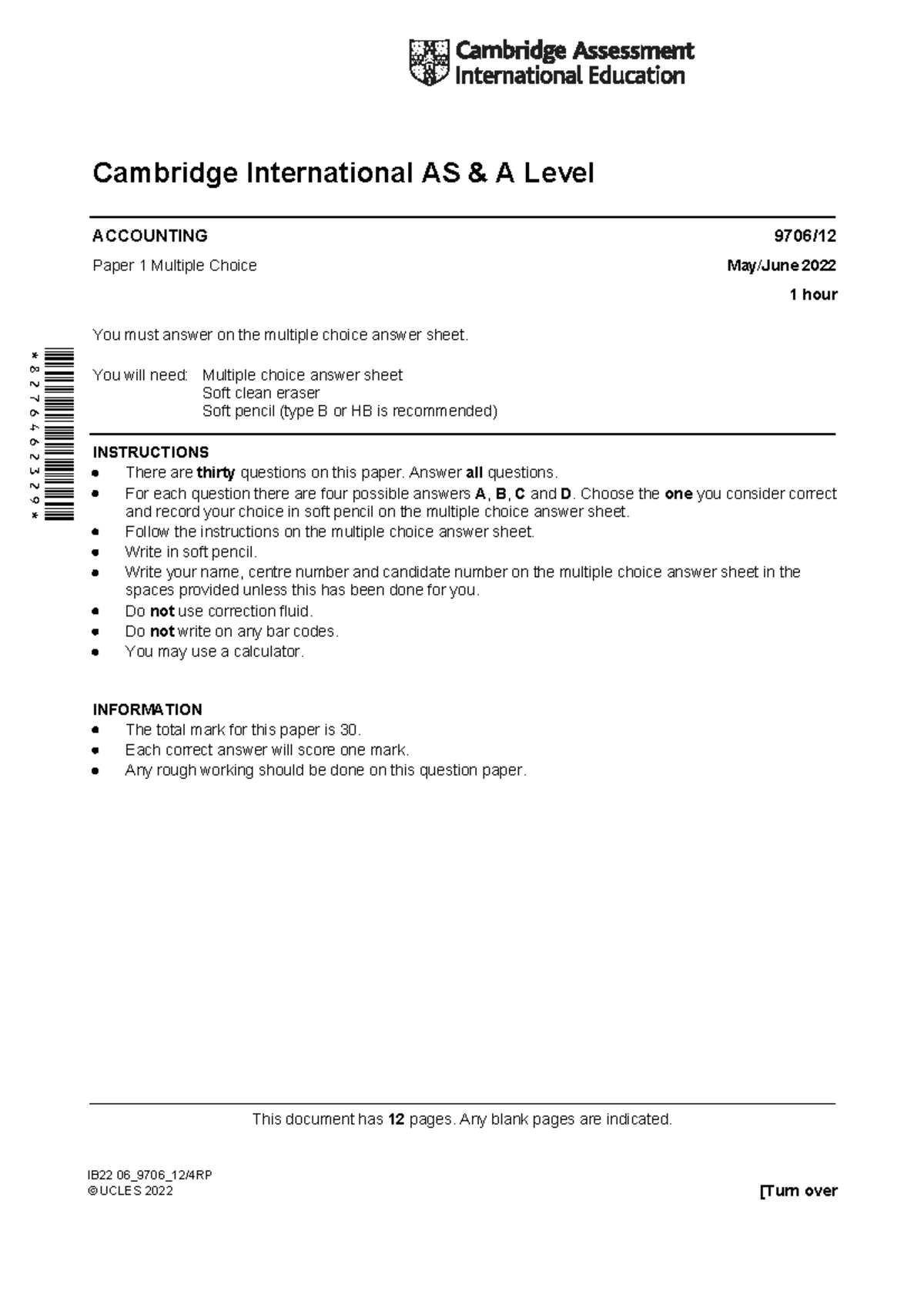 Cambridge International AS A Level Accounting Paper 1 MCQ 2022 - Studocu