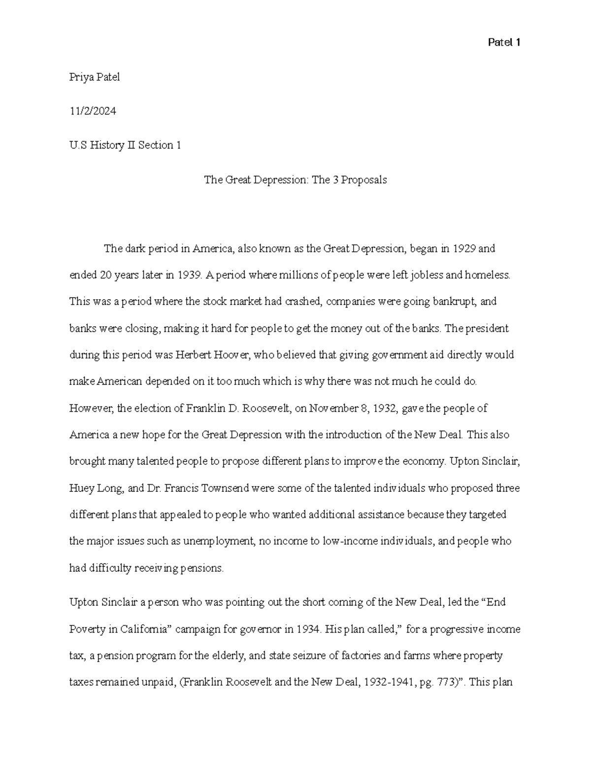 U.S. History II: The Great Depression & New Deal Proposals Essay - Studocu