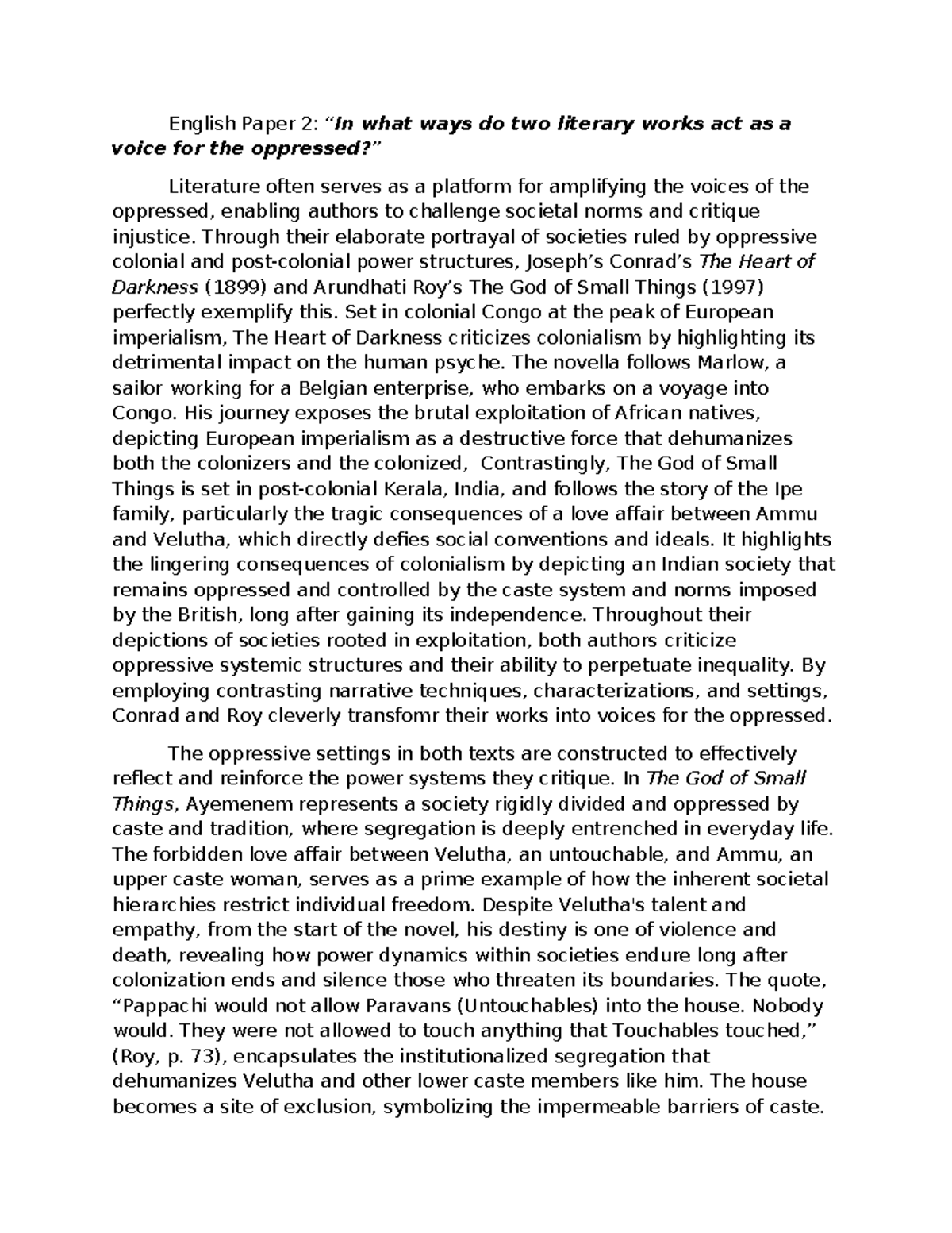 English Paper 2 Sample Response - English Paper 2: “In what ways do two ...
