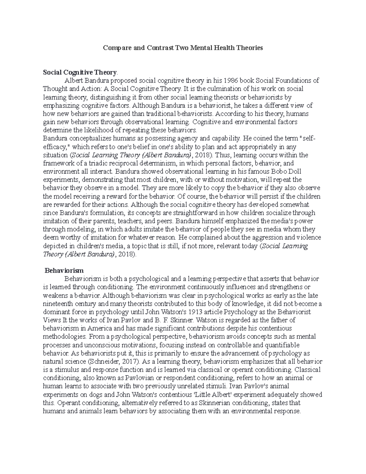 Comparative Analysis of Social Cognitive Theory and Behaviorism - Studocu