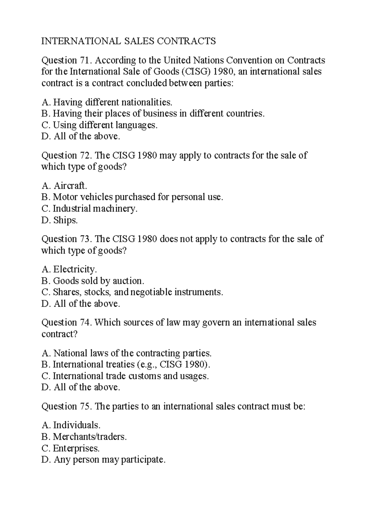International Sales Contracts: CISG Questions 70-140 - Studocu