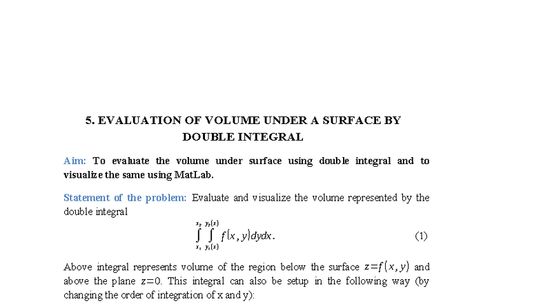 5. EVALUATION OF VOLUME UNDER SURFACES USING DOUBLE INTEGRALS (Exp5) - Studocu